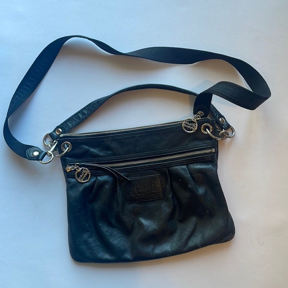 Coach | Bags | Coach Poppy Black Leather Crossbody Silver Hardware Long ...